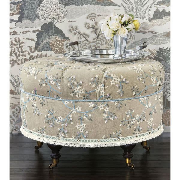 Embroidered Round Poof - Luxury Tufted Ottoman - English Georgian America